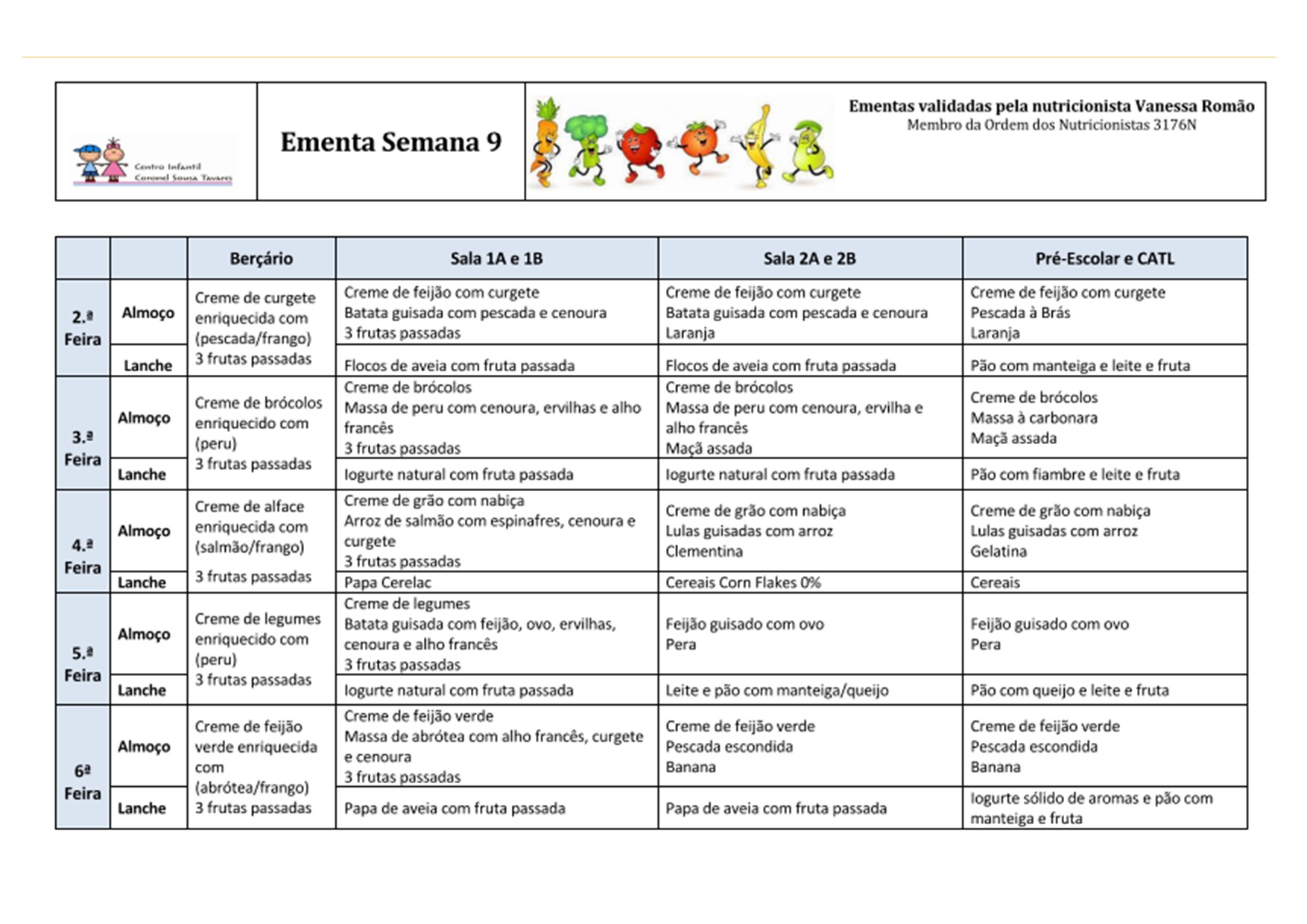Centro Infantil Coronel Sousa Tavares - Ementas